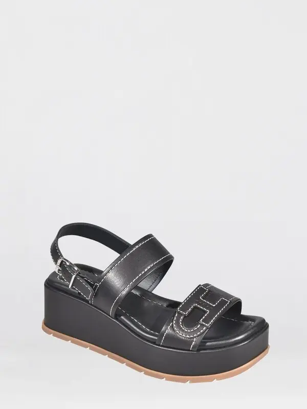 Hogan Leather Wedge Sandals With Embroidered Logo