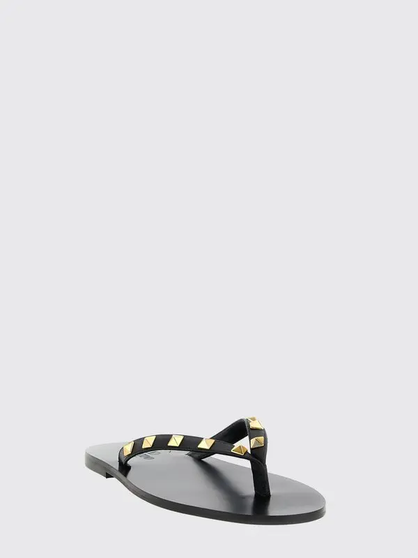 Valentino Garavani Rockstud Calfskin Thong Sandals With Studs - Black