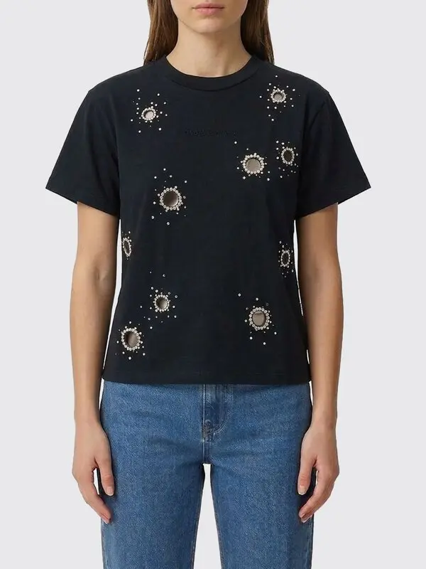 DES_PHEMMES Cotton Crew Neck T-shirt With Appliqué And Cut-out Detail - Black