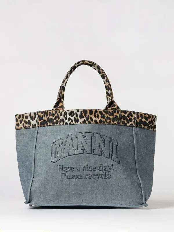 GANNI Cotton Denim Tote Bag With Animal Print Trims
