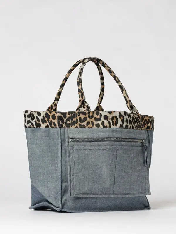 GANNI Cotton Denim Tote Bag With Animal Print Trims