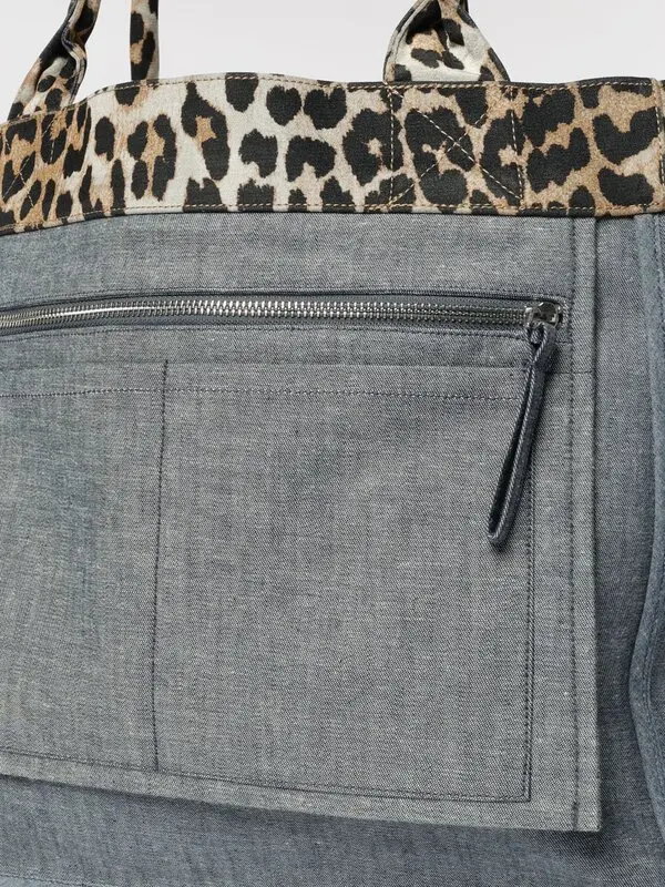 GANNI Cotton Denim Tote Bag With Animal Print Trims