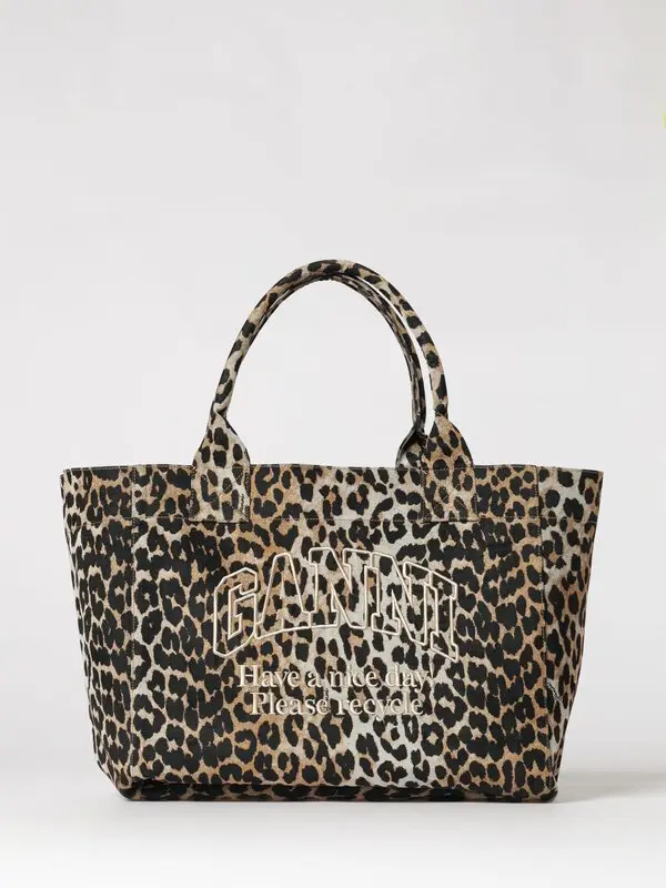 GANNI Cotton Denim Tote Bag With Animal Print Trims