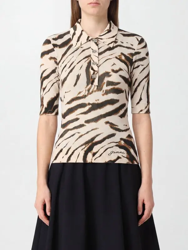 GANNI Zebra-print Organic Cotton-blend Knit Polo - Beige