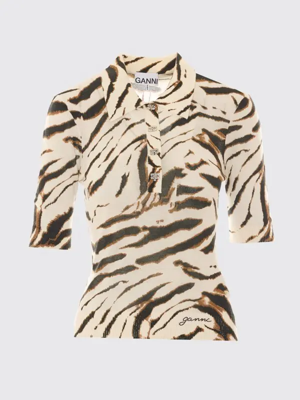 GANNI Zebra-print Organic Cotton-blend Knit Polo - Beige