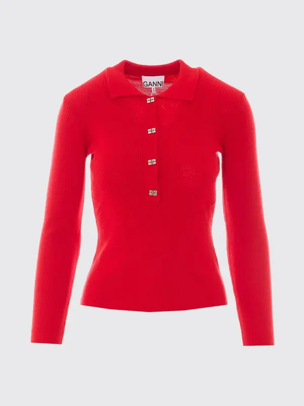 GANNI Butterfly Logo Ribbed-knit Wool Polo