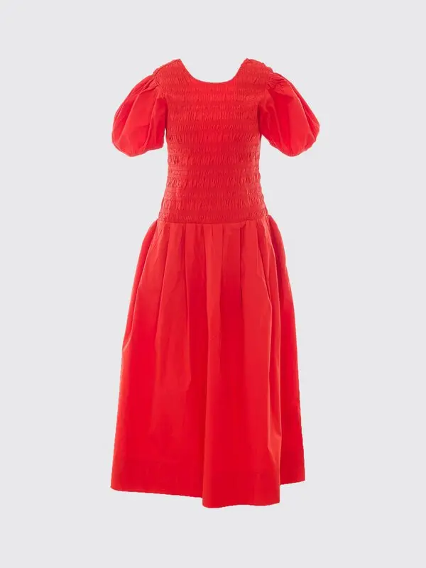 GANNI Puff Sleeve Organic Cotton Midi Dress - Red