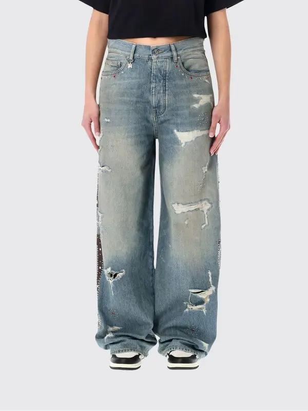 Amiri Embellished Distressed Wide Leg Jeans