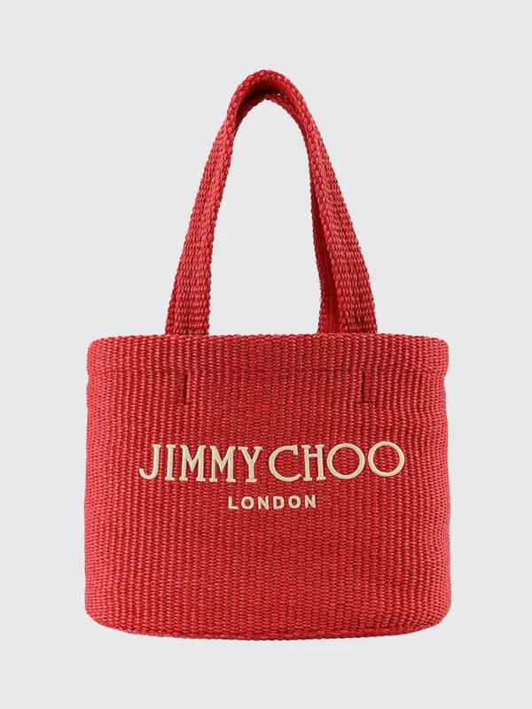 JIMMY CHOO East-west Raffia Beach Tote With Embroidered Logo - Ruby