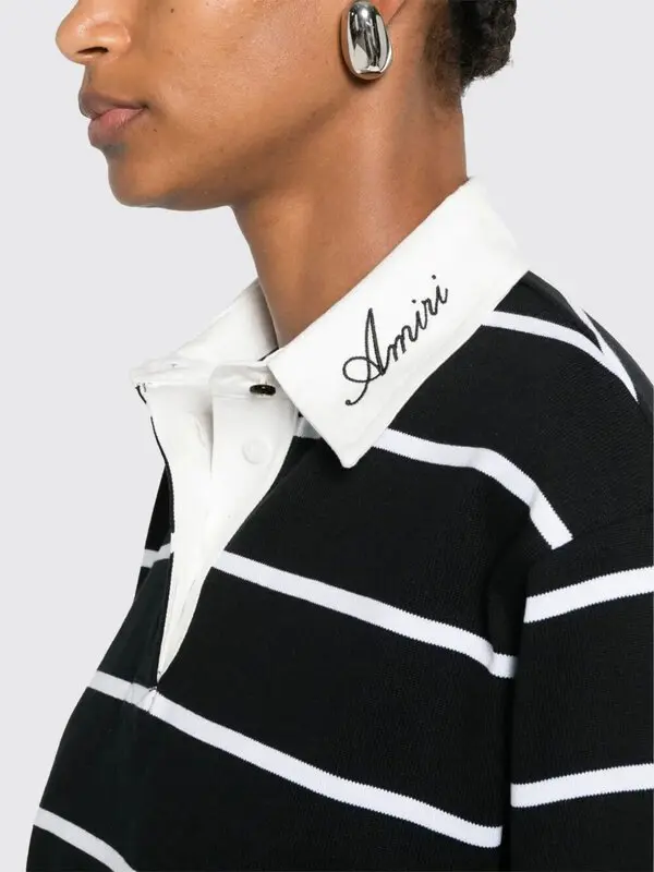 Amiri Striped Long Sleeve Cotton Polo Shirt - Black