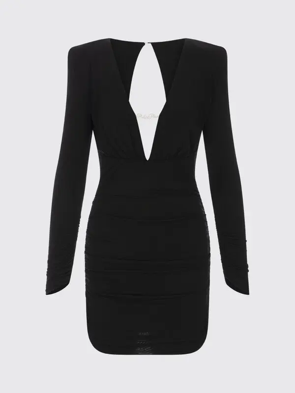 Philipp Plein Long Sleeve Ruched Dress With Plunge Neckline And Open Back