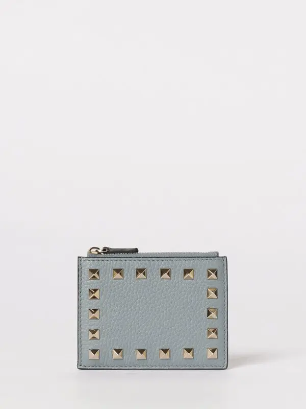 Valentino Garavani Rockstud Grained Leather Card Holder - Grey
