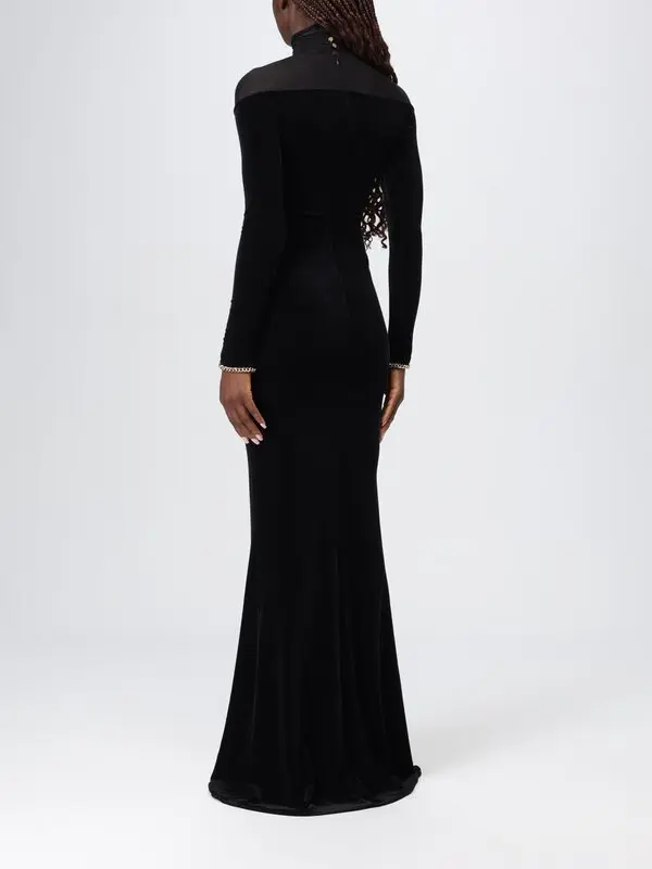 Elisabetta Franchi Long Sleeve Velvet Gown With High Neck