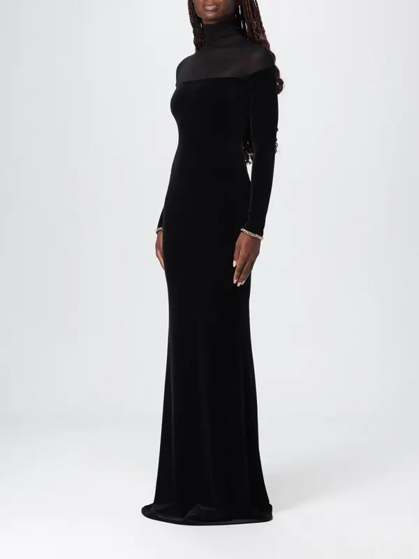 Elisabetta Franchi Long Sleeve Velvet Gown With High Neck