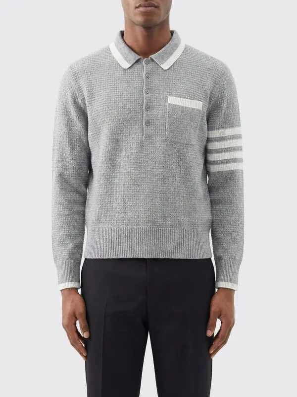 Thom Browne Linen And Cotton Knit Polo Shirt - Grey