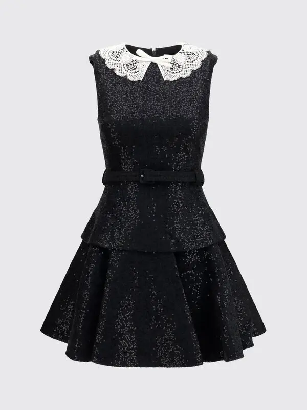 SELF-PORTRAIT A-line Wool Bouclé Mini Dress With Lace And Sequins