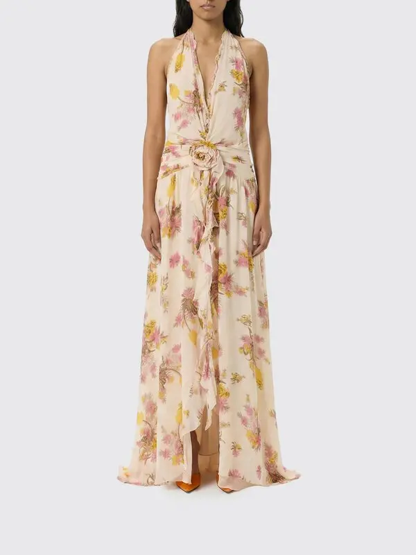 Blumarine Floral Print Georgette Halterneck Maxi Dress - Amber