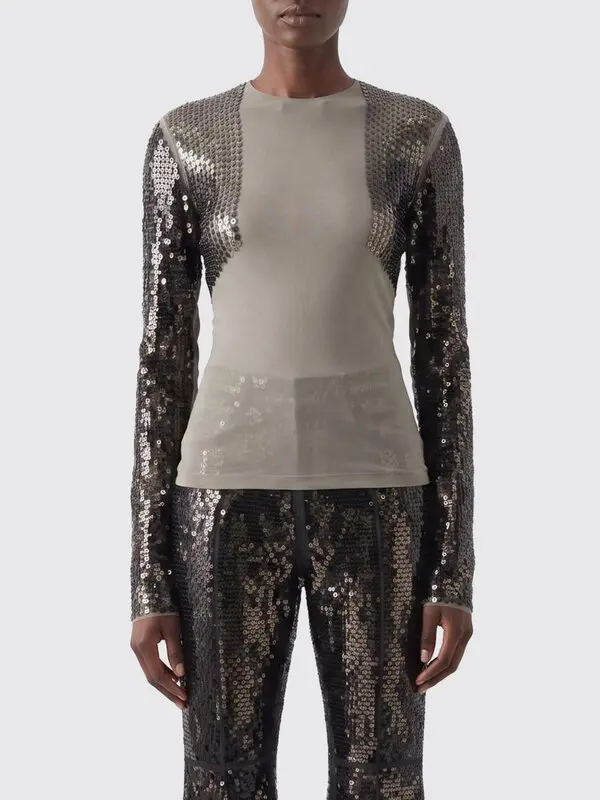 Rick Owens Long Sleeve Sequin Embellished Crew Neck Top - Grey