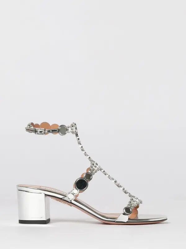 AQUAZZURA Afterglow Sandal In Laminated Patent Leather With Flat Studs - Silver