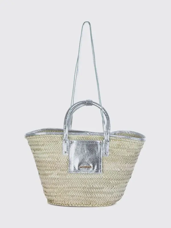 Jacquemus Le Panier Soli Tote Bag In Woven Raffia And Laminated Leather - Silver
