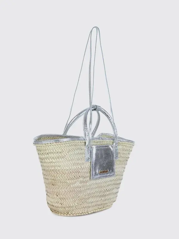 Jacquemus Le Panier Soli Tote Bag In Woven Raffia And Metallic Leather - Silver