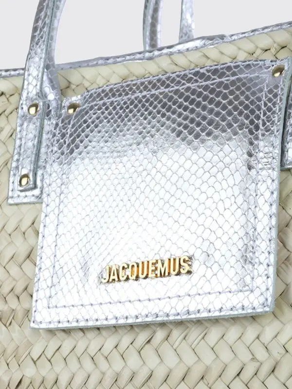 Jacquemus Le Panier Soli Tote Bag In Woven Raffia And Metallic Leather - Silver