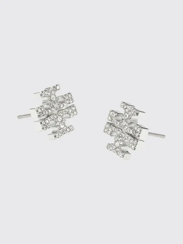 Tory Burch Icon Brass Earrings With Set Rhinestones - Silver