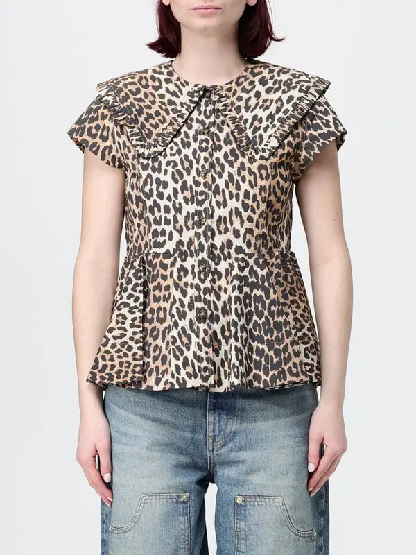 GANNI Animal Print Cotton Shirt - Brown