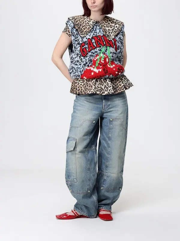 GANNI Animal Print Cotton Shirt - Brown