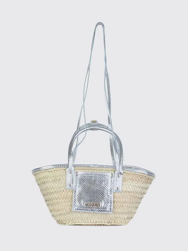 Jacquemus Le Petit Panier Soli Handbag In Raffia And Laminated Leather - Silver