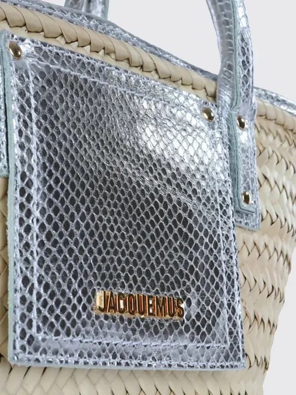 Jacquemus Le Petit Panier Soli Handbag In Raffia And Laminated Leather - Silver