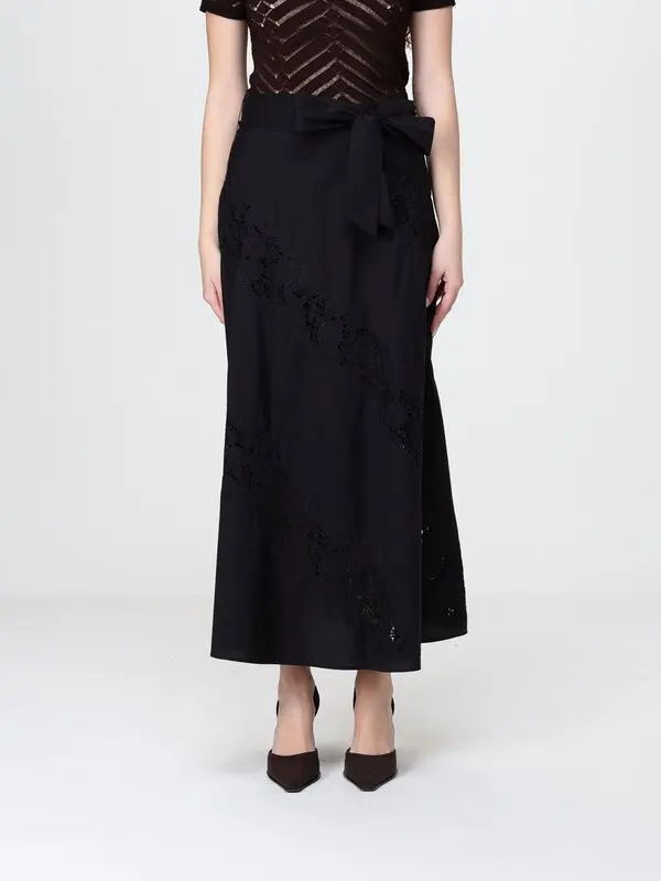 TWINSET Cotton Midi Skirt With Macramé Inserts And Sash Belt - Black