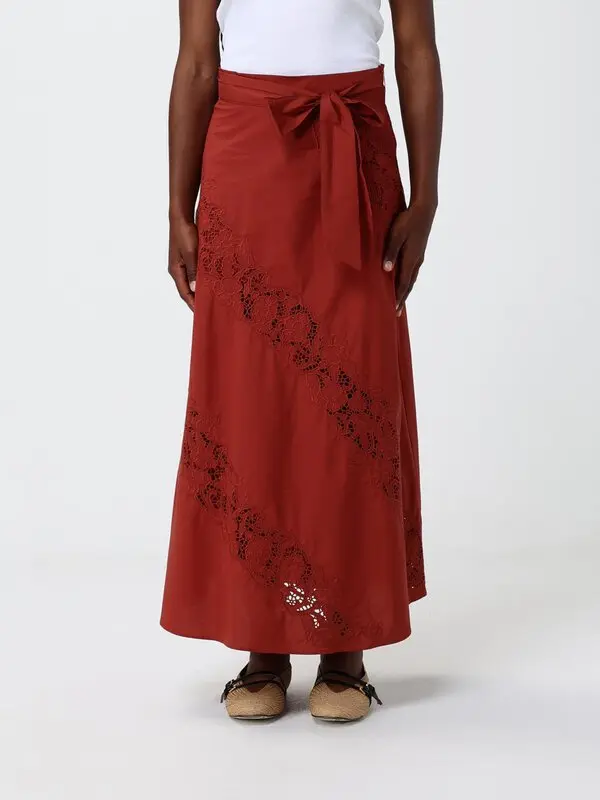 TWINSET Cotton Midi Skirt With Macramé Inserts And Sash Belt - Brown