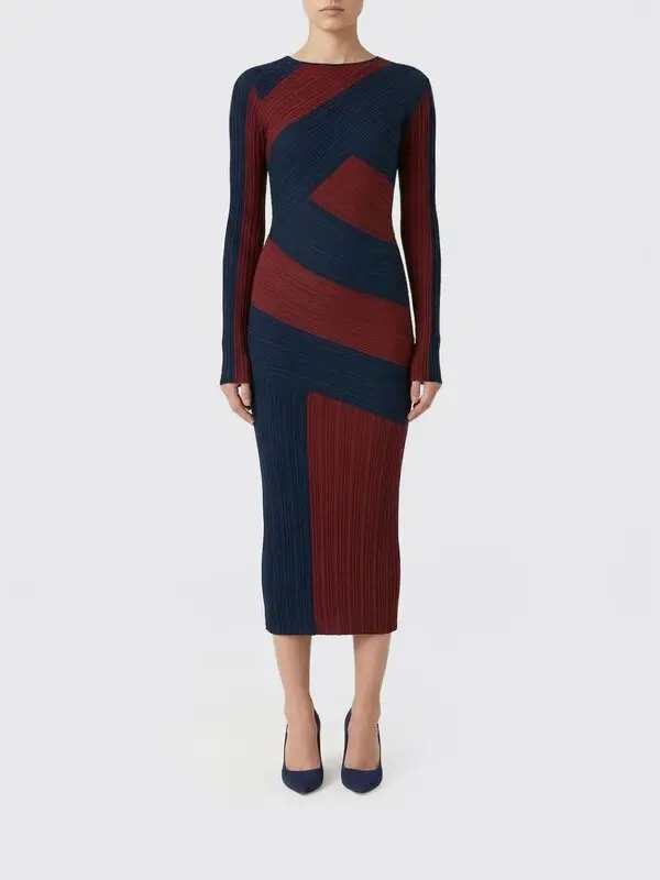 Patrizia Pepe Ribbed Midi Dress With Abstract Two-tone Pattern - Blue