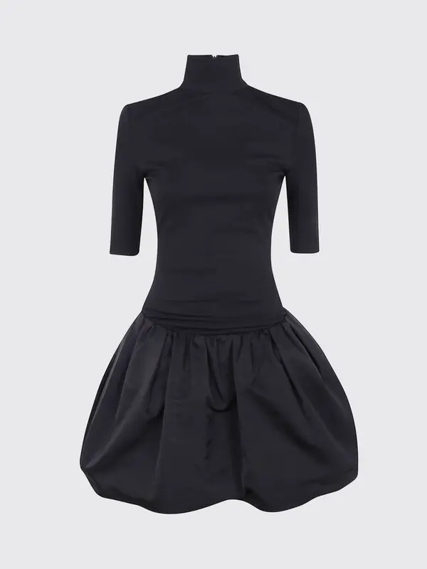 Magda Butrym High Neck 3/4 Sleeve Dress With Gathered Waist And Voluminous Skirt