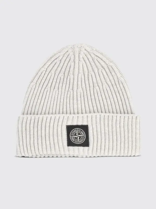 Stone Island Ribbed Virgin Wool Beanie With Compass Logo Patch - Beige