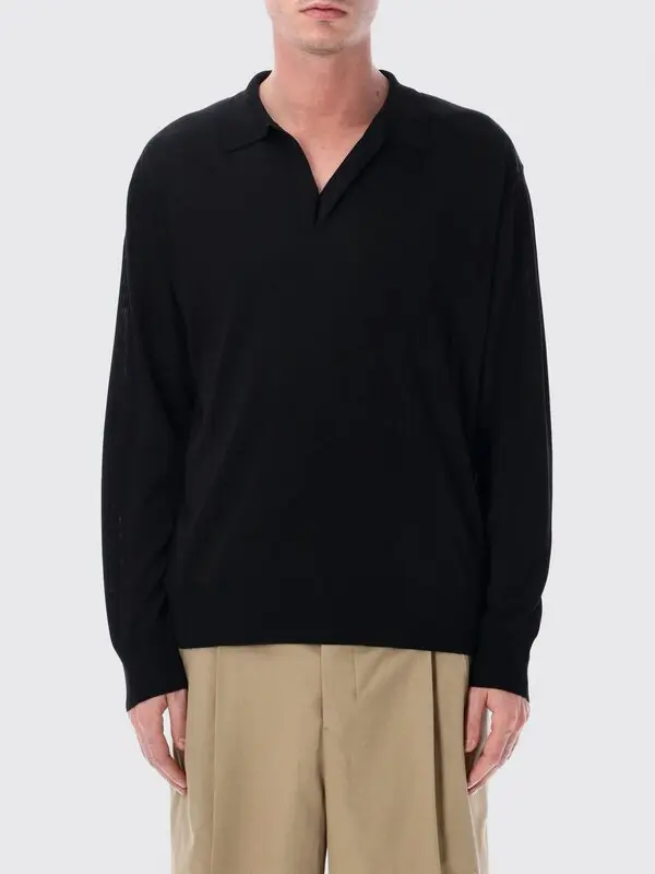 ROBERTO COLLINA Long-sleeved Cotton-blend Knit Polo Shirt - Black