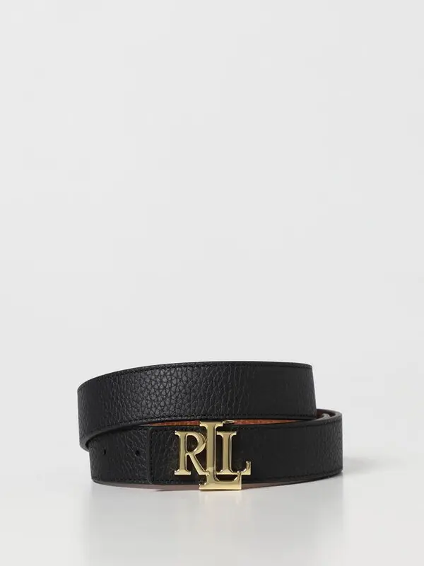 Ralph Lauren Leather Belt With Gold Tone Rl Logo - Black