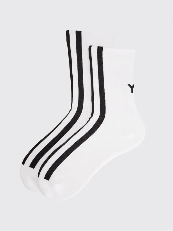 Y3 Stretch Cotton Blend Crew Socks With Striped Pattern And Logo - White