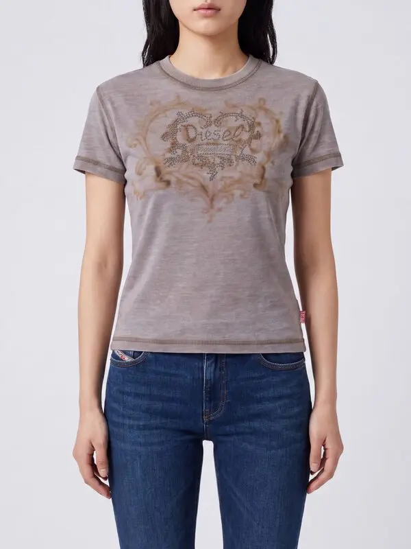 DIESEL® Slim Fit Cotton T-shirt With Rhinestone Logo - Beige