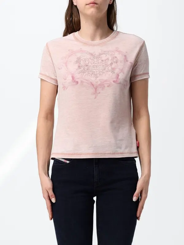 DIESEL® Slim Fit Cotton T-shirt With Rhinestone Logo - Pink