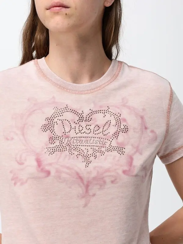 DIESEL® Slim Fit Cotton T-shirt With Rhinestone Logo - Pink