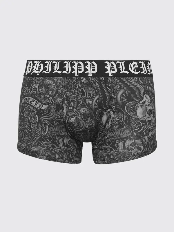 Philipp Plein Stretch Cotton Blend Boxer Shorts With Tattoo Print - Black