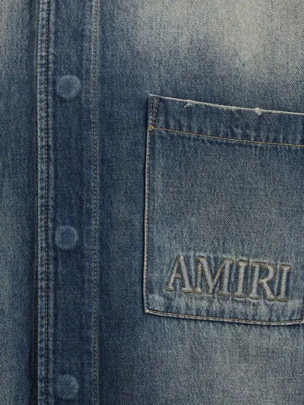 Amiri Short-sleeve Vintage Denim Shirt With Embroidered Logo And Patch Pockets