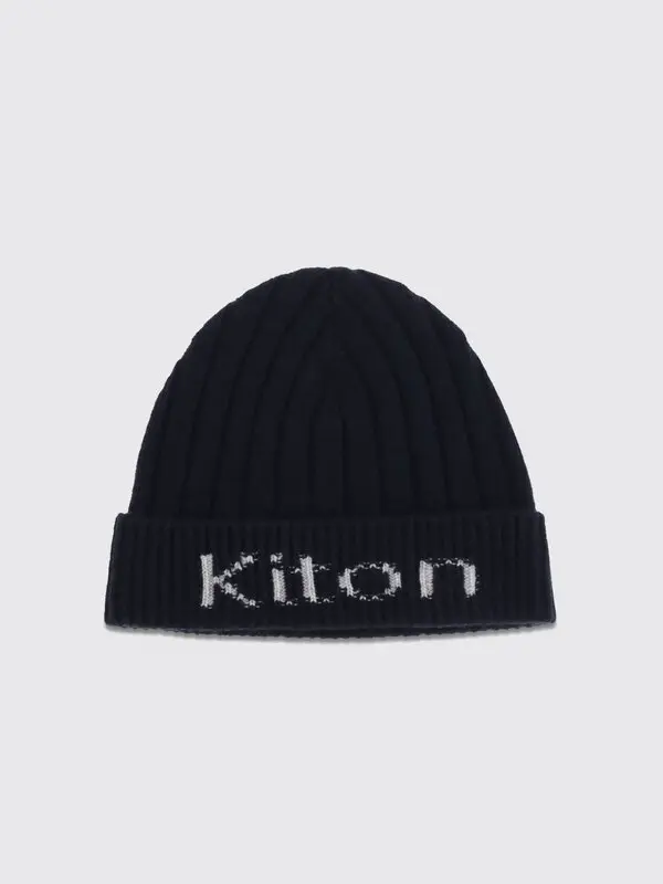 Kiton Ribbed Merino Wool Beanie With Jacquard Logo - Blue