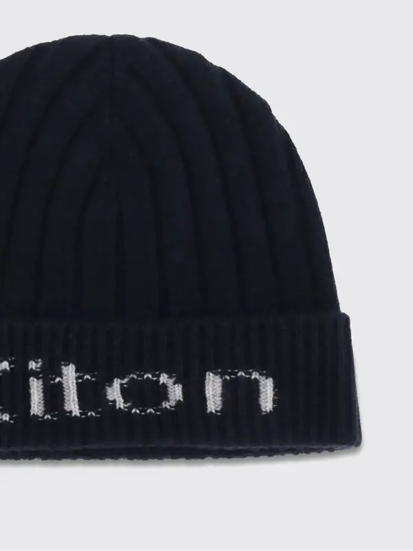 Kiton Ribbed Merino Wool Beanie With Jacquard Logo