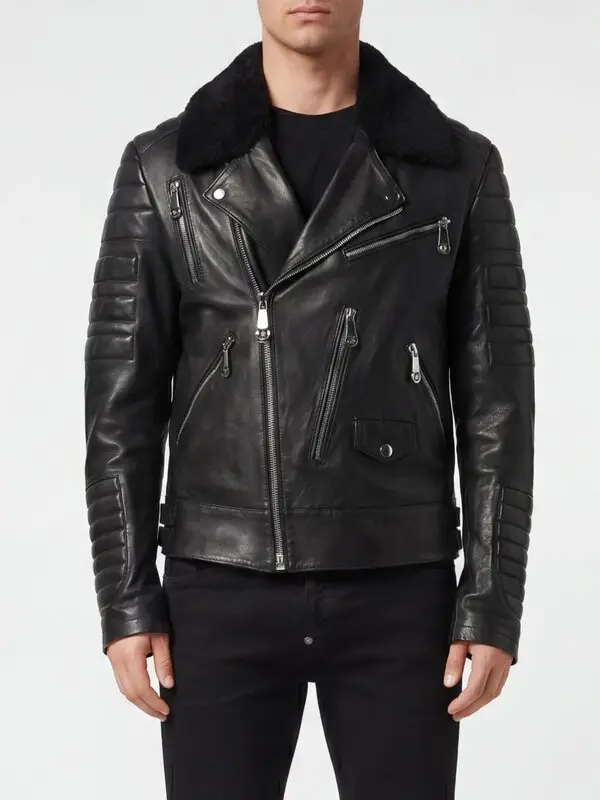 Philipp Plein Shearling Leather Biker Jacket With Logo