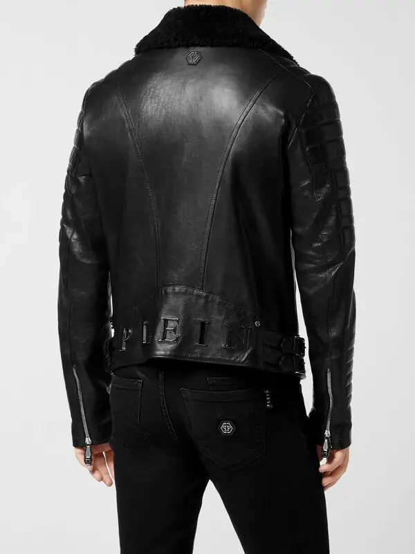 Philipp Plein Shearling Leather Biker Jacket With Logo