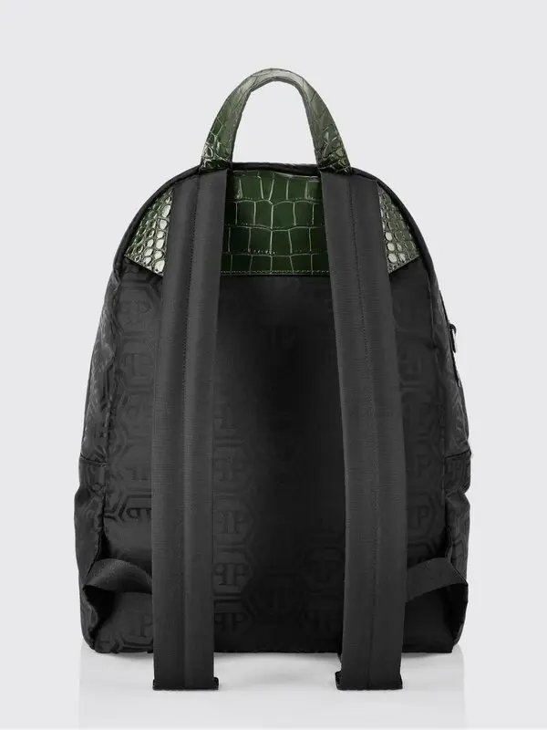 Philipp Plein Nylon Backpack With Jacquard Hexagon And Crocodile Print Leather