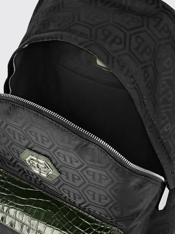 Philipp Plein Nylon Backpack With Jacquard Hexagon And Crocodile Print Leather
